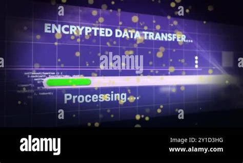 Transferring And Processing Encrypted Data Animation Over Grid Background With Yellow Particles