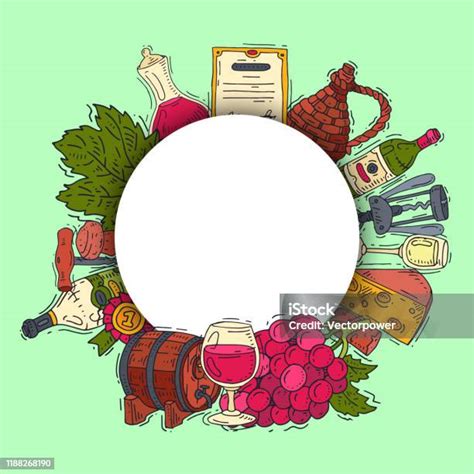 와인 맛 클럽 라운드 패턴 벡터 일러스트 유리 와인 포도 병 시음 이벤트 메뉴 벡터 알코올 음료 배경 전통 음식 샴페인입니다 와인 유리 사업은 초대를 축하합니다 개념에 대한