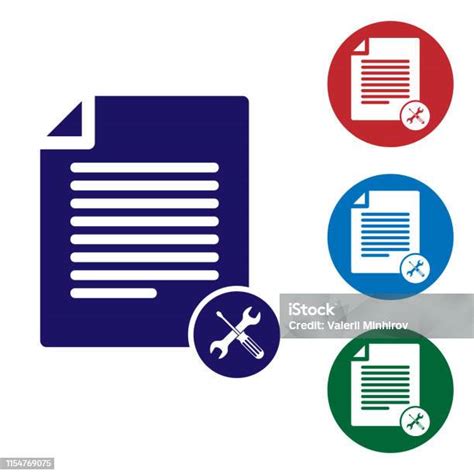 드라이버와 렌치 아이콘이 흰색 배경에 고립 된 파란색 파일 문서 조정 서비스 설정 유지 보수 수리 및 수정 원 버튼의 색상 아이콘을 설정 합니다 벡터 일러스트 나사돌리개에