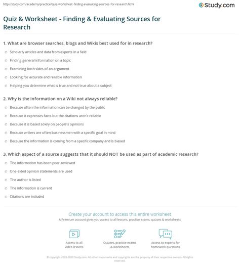quiz and worksheet finding and evaluating sources for research