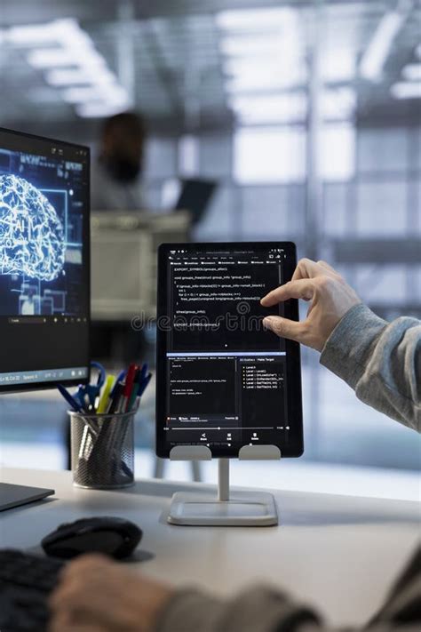 Data Center Admin Uses Machine Learning Applications On Tablet Stock Image Image Of Admin