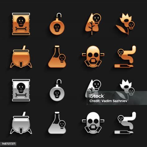독성 액체 독 꽃 담배 방독면 마녀 가마솥 배럴의 방사성 폐기물 및 핵폭탄 아이콘으로 비커를 설정하십시오 벡터 가마솥에 대한 스톡 벡터 아트 및 기타 이미지 Istock