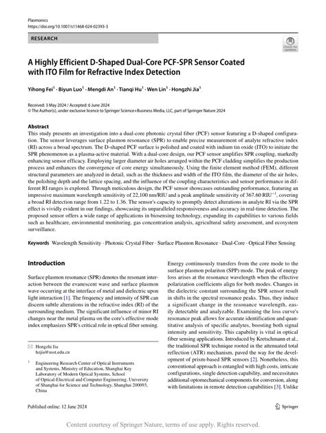 A Highly Efficient D Shaped Dual Core Pcf Spr Sensor Coated With Ito