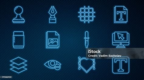 선 텍스트 컴퓨터 모니터 및 커서 그리드 그래프 용지 사진 풍경 지우개 고무 스탬프 피펫 및 만년필 펜촉 아이콘을 설정합니다 벡터 건강 진단에 대한 스톡 벡터 아트 및 기타