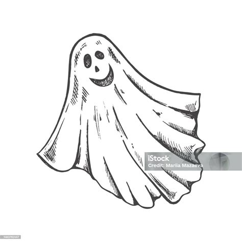 하얀 배경에 고립된 유령의 손으로 그린 스케치 무서운 하얀 유령 즐거운 할로윈 보내세요 귀여운 빈티지 으스스한 캐릭터 포스터 장식 및 인쇄를 위한 벡터 그림 10월에 대한