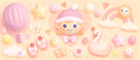 손으로 그린 아기 소녀 샤워 세트 만화 아기 소녀 열기구 풍선 헬륨 풍선 장난감 및 베이지 색 배경에 고립 된 꽃의 현실적인 벡터 일러스트 레이 션 아기에 대한 스톡 벡터