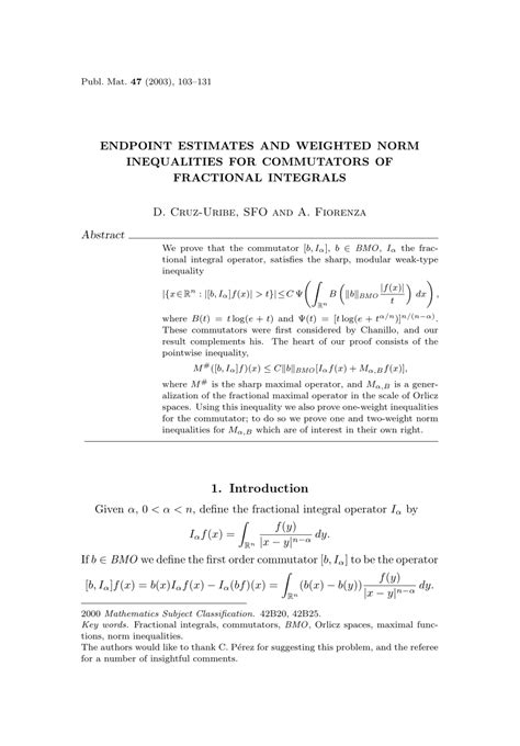 Pdf Endpoint Estimates And Weighted Norm Inequalities For Commutators Of Fractional Integrals
