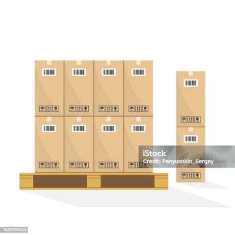 나무 팔레트에 골판지 상자 바코드와 픽토그램 및 텍스트 스티커와 저장 및화물을위한 판지 소포 일러스트레이션에 대한 스톡 벡터 아트 및 기타 이미지 Istock
