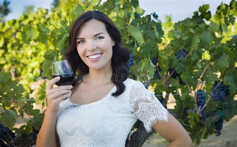 Pretty Young Adult Woman Enjoying A Glass Of Wine In Vineyard Stock Image Image Of Happy