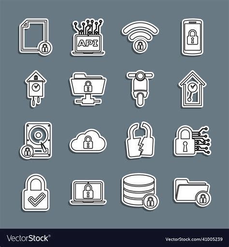 Set Line Folder And Lock Cyber Security Retro Vector Image