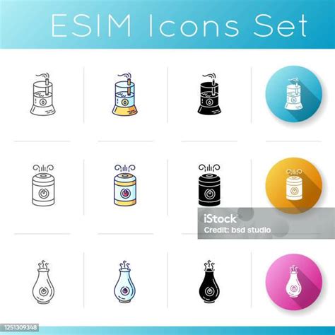 공기 청정기 가습기 가전 제품 아이콘 세트 호흡기 장치 이온화 가전 제품 습도 조절기 선형 검정 색 및 Rgb 색상 스타일 격리된 벡터 그림 0명에 대한 스톡 벡터 아트 및