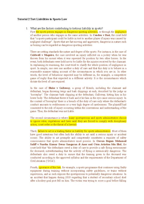 Tutorial 2 Civil Liabilities Tutorial 2 Tort Liabilities In Sports Law 1 What Are The Factors