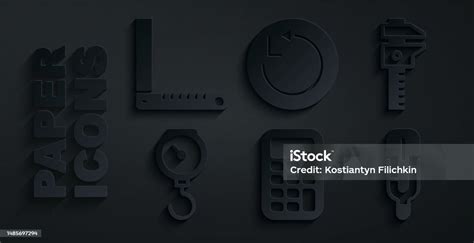 계산기 캘리퍼 캘리퍼스 및 눈금자 핸드 스프링 기계식 의료용 온도계 반경 및 코너 눈금자 아이콘을 설정합니다 벡터 손에 대한