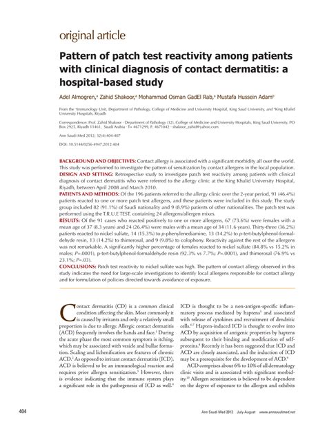 PDF Pattern Of Patch Test Reactivity Among Patients With Clinical Diagnosis Of Contact