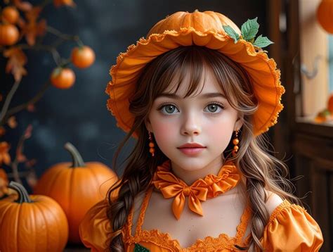 A Girl In A Halloween Costume With A Pumpkin On The Top Premium Ai