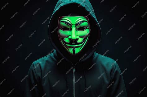 Premium Photo Portrait Of An Anonymous Man Hacker Wearing Neon Mask Over Dark Room Background