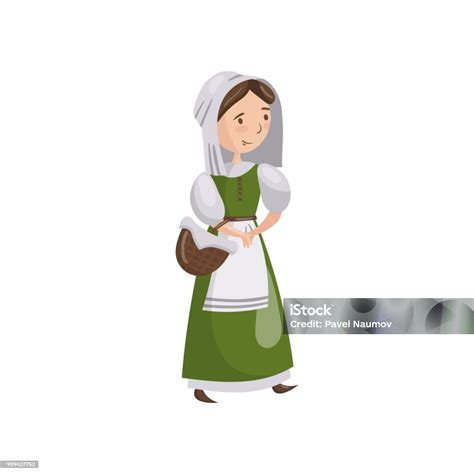 Pembantu Abad Pertengahan Dalam Gaun Tradisional Kartun Vektor Ilustrasi Ilustrasi Stok Unduh