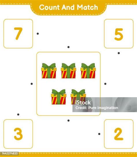 세고 일치시키고 선물 상자의 수를 세고 올바른 숫자와 일치시킵니다 교육 어린이 게임 인쇄 워크시트 벡터 일러스트 레이 션 0명에