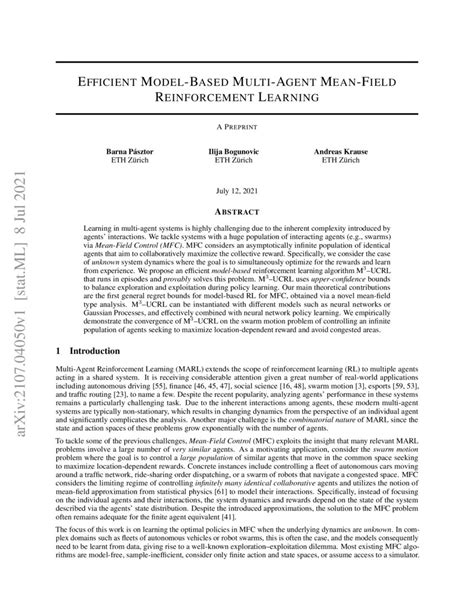 Efficient Model Based Multi Agent Mean Field Reinforcement Learning Deepai