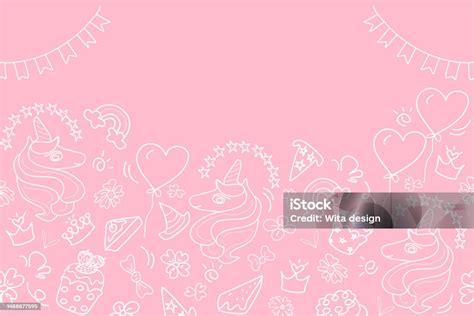 생일 케이크 파티 초대장 배경 배너 낙서 벡터 그림이 매끄럽습니다 케이크 풍선 모자 스낵 화환 장식으로 축하합니다 복사 공간