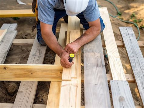 Checking Level Of Wood At Construction Site Carpenter Checking Wooden Planks With Spirit Level