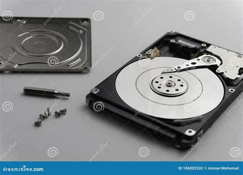 Close Up Of Hard Disk S Internal Mechanism Hardware Soft Focus At Middle And Background Stock