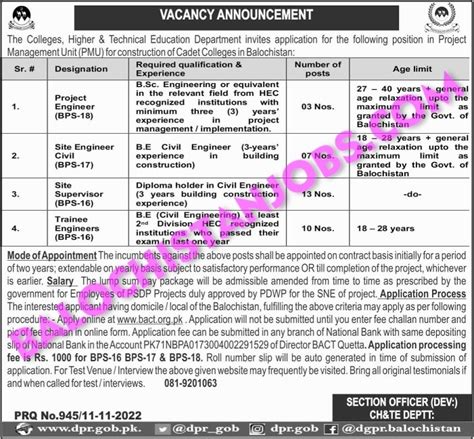 Colleges Higher And Technical Education Department Balochistan Jobs