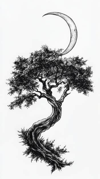 A Drawing Of A Tree With A Moon And A Moon In The Background Premium AI Generated Image
