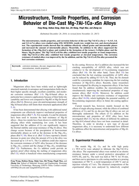Pdf Microstructure Tensile Properties And Corrosion Behavior Of Die Cast Mg 7al 1ca Xsn Alloys