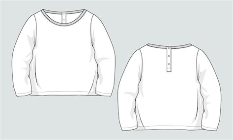 긴 소매 T 셔츠는 여자 아기를위한 기술 패션 평면 스케치 벡터 일러스트 템플릿 탑스 프리미엄 벡터