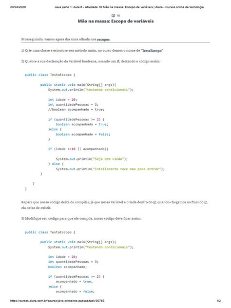 Java Parte 1 Aula 6 Atividade 10 Mão Na Massa Escopo De Variáveis