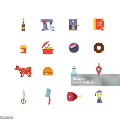 부엌 물건 요리 및 음식 플랫 디자인 아이콘 벡터 세트 샴페인 커피 기계 잼 팬 도넛 암소 샌드위치 설탕 무게가 위 도끼 햄 송아지 고기 다리 믹서 가위에 대한 스톡 벡터