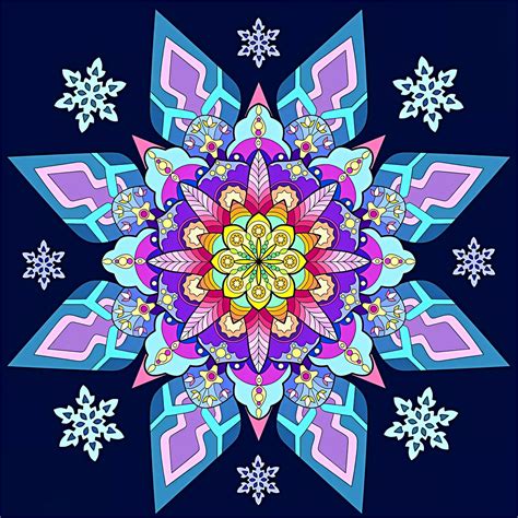 Color Now Artwork Colorful Snowflake On Dark Blue Background