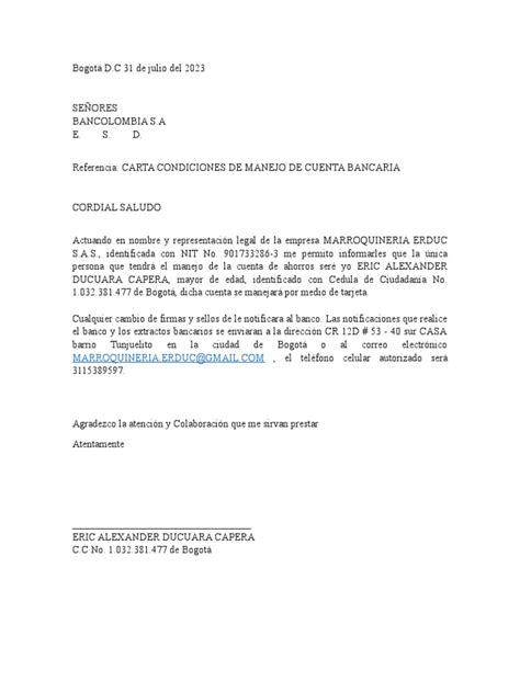 Carta Condiciones De Manejo De Cuenta Bancaria Pdf