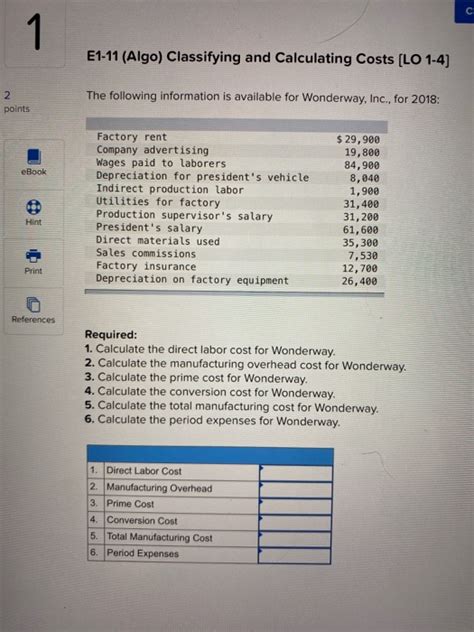 Solved C 1 E1 11 Algo Classifying And Calculating Costs