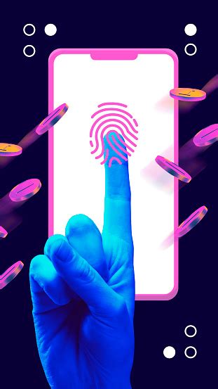 현대 미술품 스마트폰에서 움직이는 동전으로 지문 인증 안전한 디지털 거래를 상징합니다 Brand Name Smart Phone에 대한 스톡 사진 및 기타 이미지