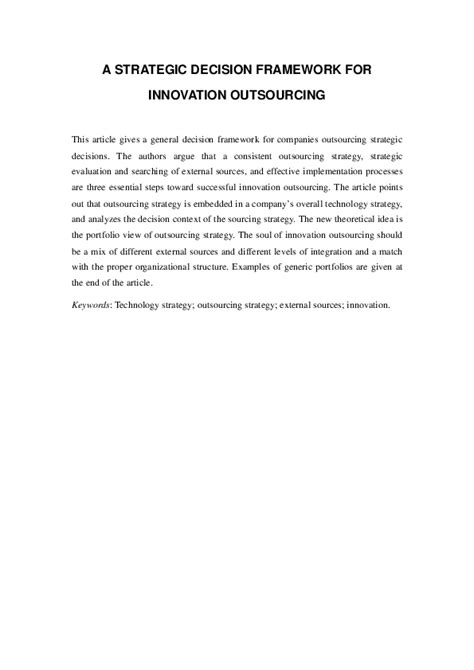 Pdf A Strategic Decision Framework For Innovation Outsourcing