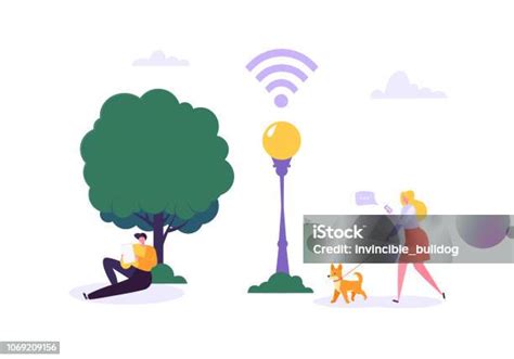 스마트폰 및 태블릿을 사용 하 여 사람들이 걷기로 공원에는 Wifi 모바일 가제트와 함께 캐릭터와 소셜 네트워킹의 개념입니다