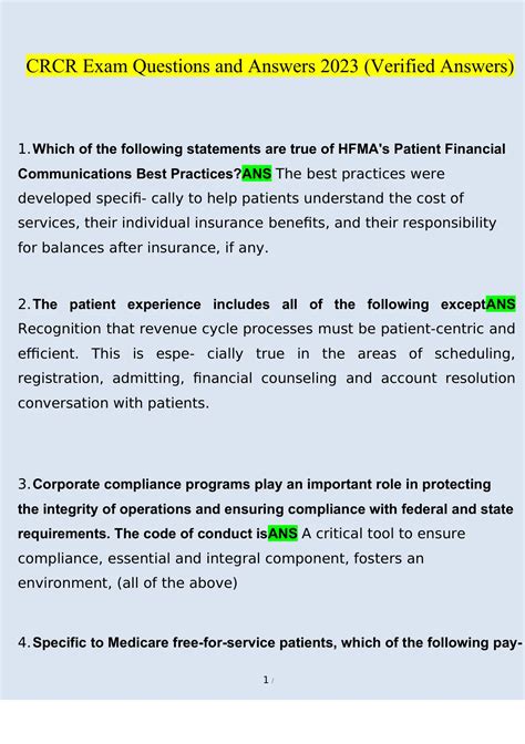 CRCR Exam Questions And Answers 2023 Verified Answers Certified Revenue Cycle Representative