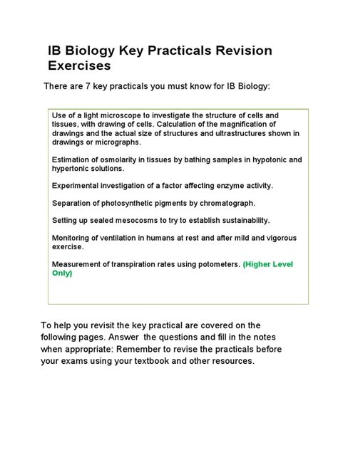 Ib Biology Key Practicals Guide Pdf Experiment Breathing