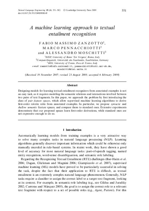 pdf a machine learning approach to textual entailment recognition