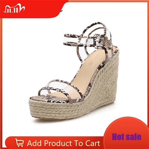 여성 웨지 샌들 클리어 슈즈 여성 캐주얼 패션 스네이크 프린트 위브 대마 로프 플랫폼 샌들 하이힐 신발하이힐 Aliexpress