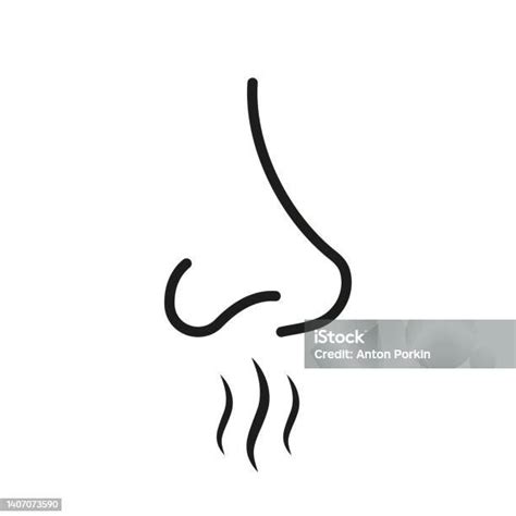 비강 냄새 스니프 개요 픽토그램 코 인간 냄새 블랙 라인 아이콘 나쁜 향기 공기 호흡 플랫 기호 코 손실 감각 향기 냄새 기호 흰색 배경에 격리된 벡터 일러스트 레이 션
