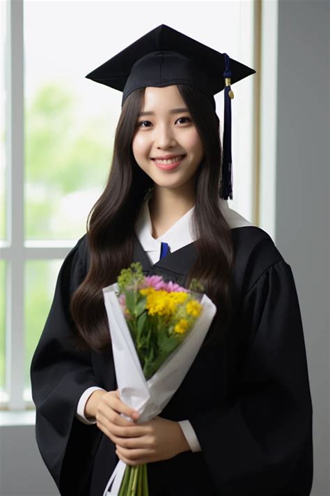 青年大学毕业学士帽手捧花摄影图 花瓣网