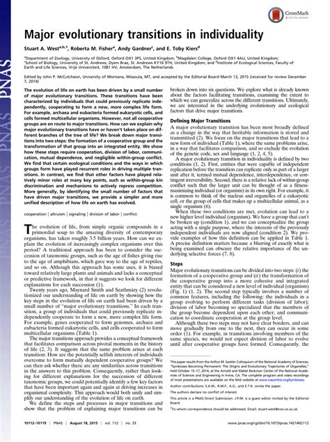 Pdf Major Evolutionary Transitions In Individuality