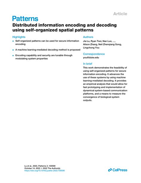 Pdf Distributed Information Encoding And Decoding Using Self Organized Spatial Patterns