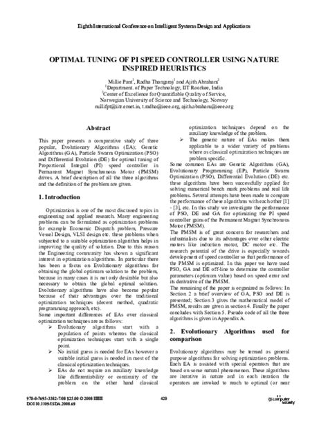 pdf optimal tuning of pi speed controller using nature inspired heuristics millie pant