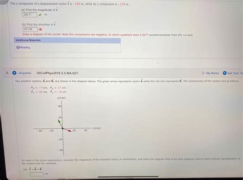 Solved The X Component Of A Displacement Vector R Is 153 M