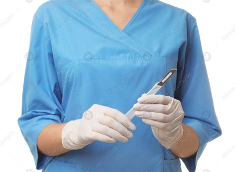 Female Doctor Holding Scalpel On White Background Closeup Medical Object Stock Photo