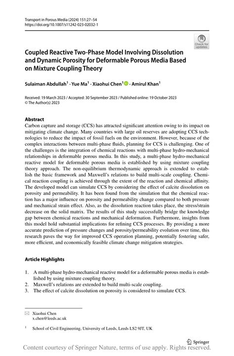 Pdf Coupled Reactive Two Phase Model Involving Dissolution And Dynamic Porosity For Deformable